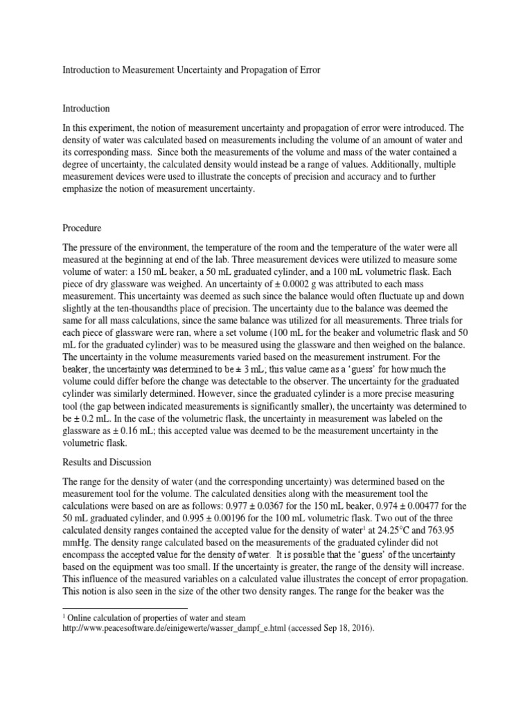 Introduction To Measurement Uncertainty And Propagation Of Error Pdf