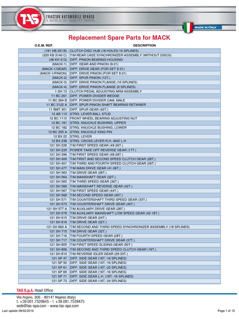 MACK Truck Replacement Parts List | PDF | Clutch | Gear