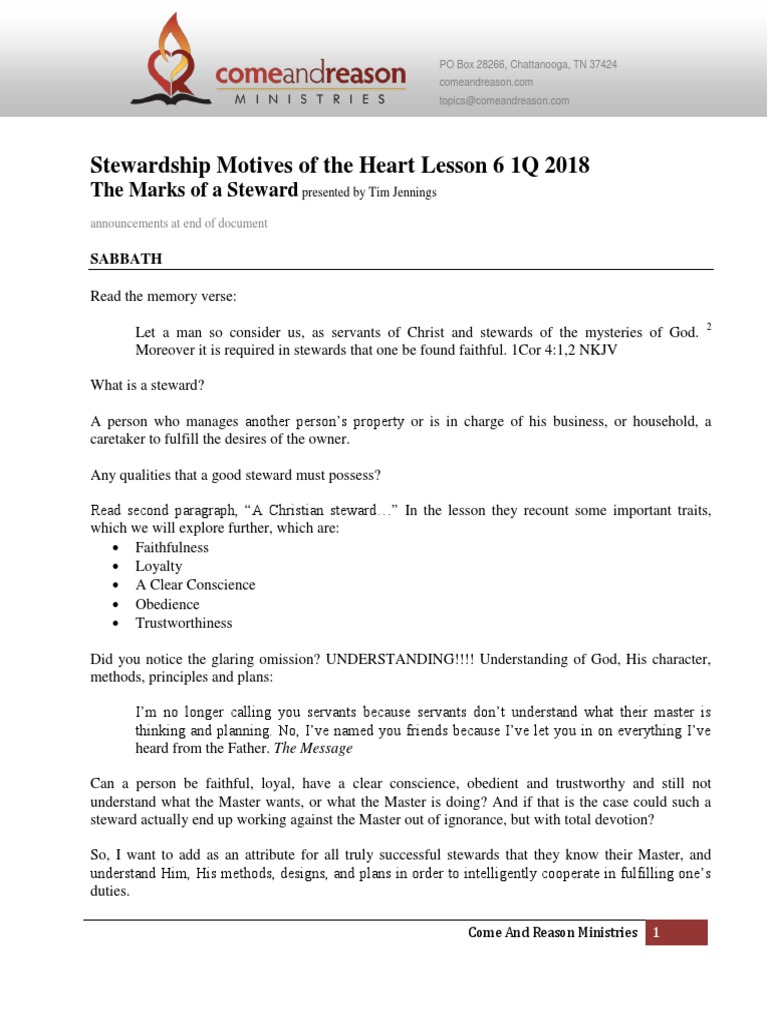 Stewardship Motives of The Heart Lesson 6 1Q 2018 | Download Free PDF ...