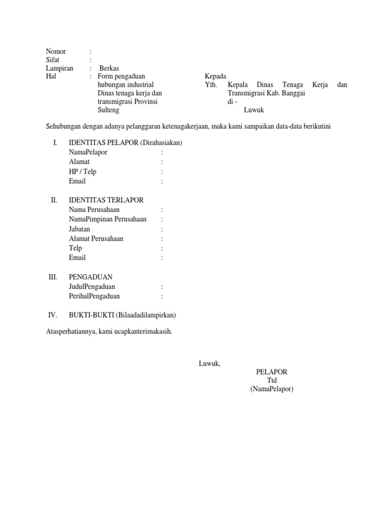 Form Pengaduan Hubungan Industrial | PDF