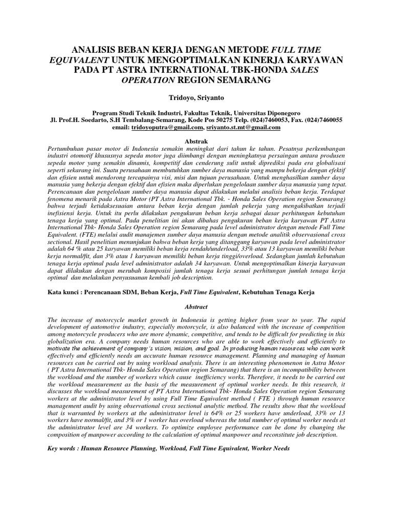 Analisis Beban Kerja Dengan Metode Full Time Equivalent | PDF