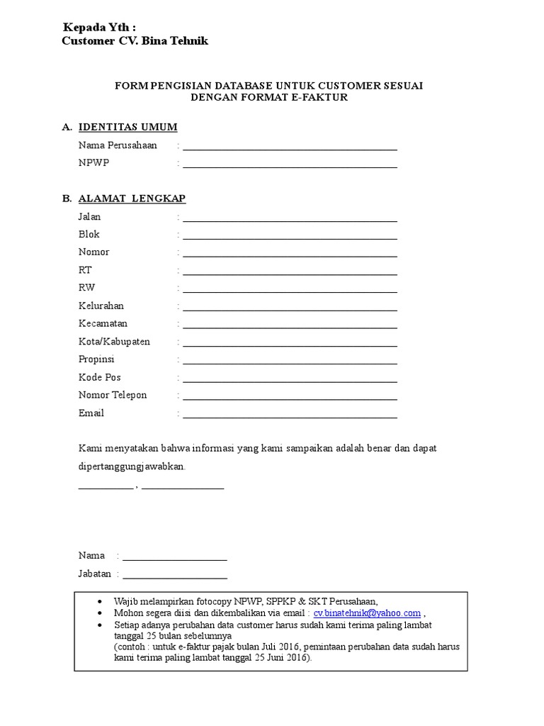 Formulir Database Customer E-Faktur | PDF | Pengelolaan Keuangan & Uang