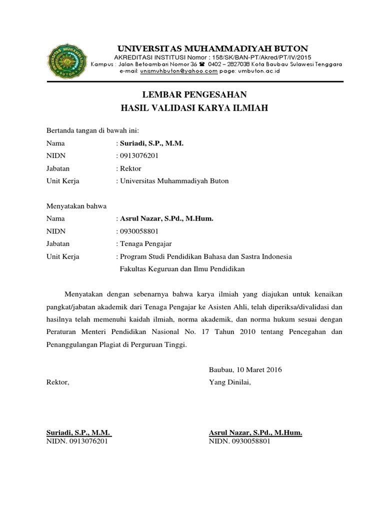 Lembar Pengesahan Hasil Validasi Karya Ilmiah | PDF