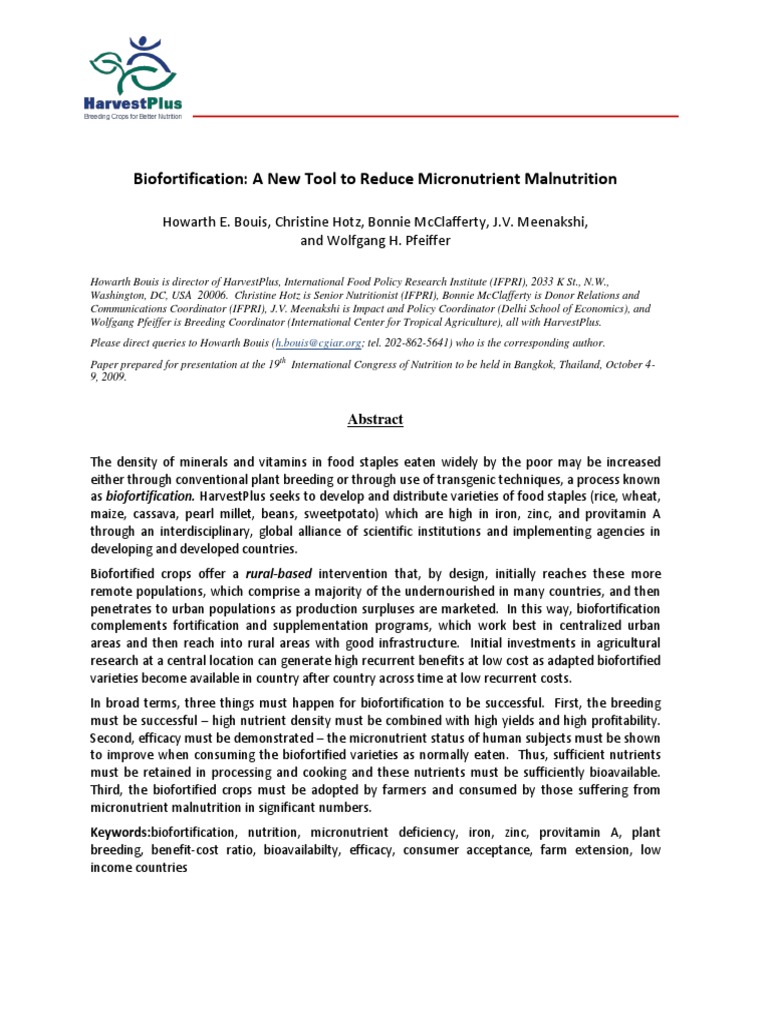 Biofortification A New Tool To Reduce Micronutrient Malnutrition | PDF | Micronutrient | Plant ...