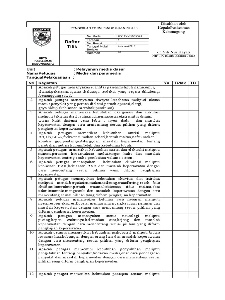 Daftar Tilik Form Pengkajian Medis | PDF
