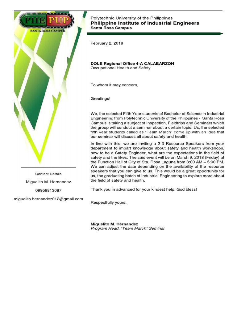 Letter of Request of A Resource Speakers | PDF