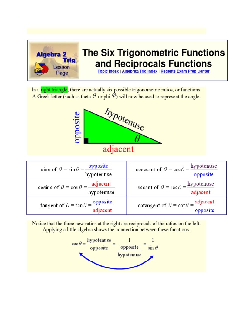 The Six Trigonometric Functions and Reciprocals Functions | PDF ...