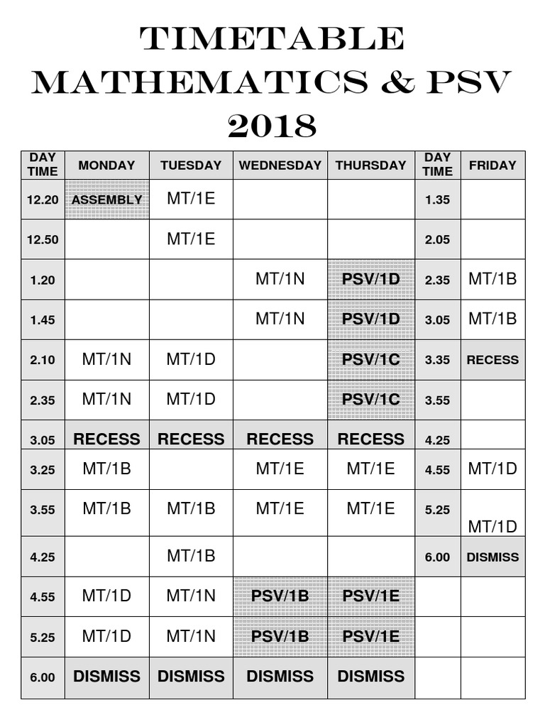 2018 Mathematics & PSV Timetable | PDF | Technology & Engineering