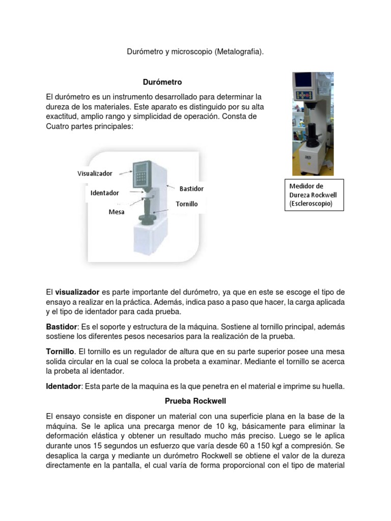 Partes del Durómetro y Microscopio | PDF | Física Aplicada e ...