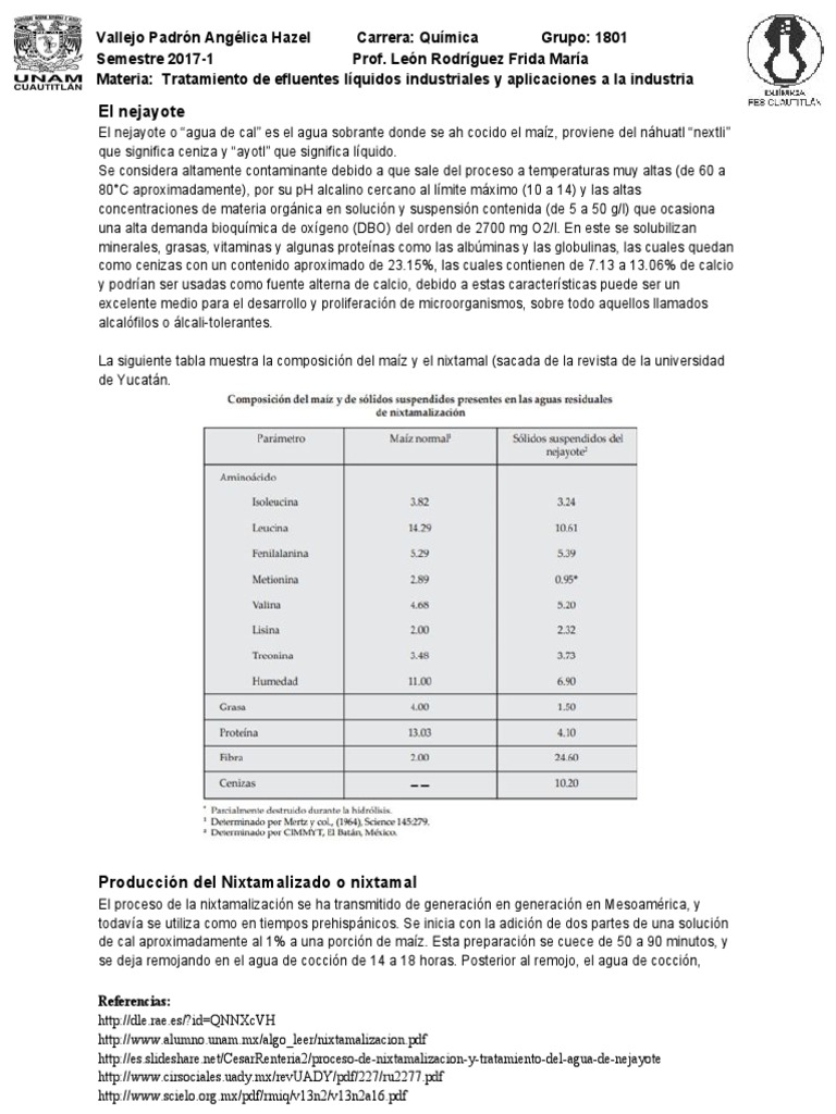 El tratamiento del nejayote y su aplicación en la industria | PDF ...