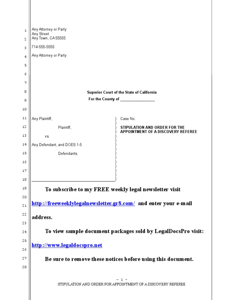 Sample Stipulation and Order To Appoint Discovery Referee in California ...