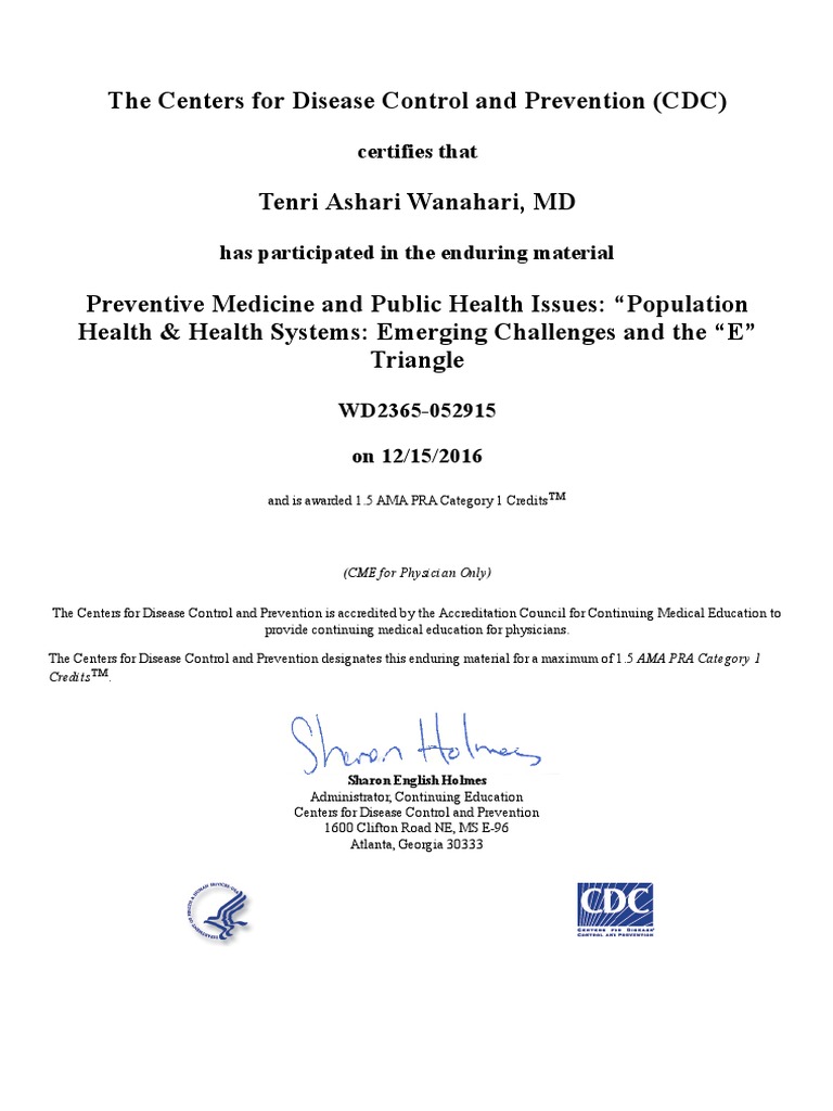 CDC Preventive Medicine CME Certificate | PDF | Self-Improvement | Wellness