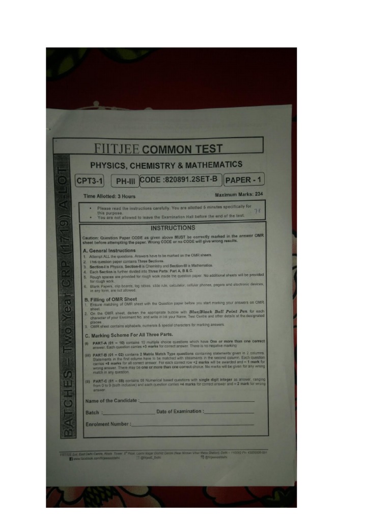 FIITJEE Class 11 Phase-3 (2018) Advanced Paper | PDF