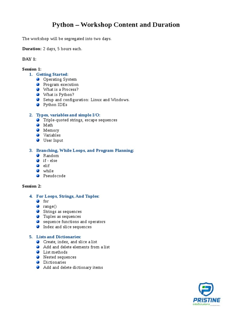 Python - Workshop Content and Duration: Duration: 2 Days, 5 Hours Each ...