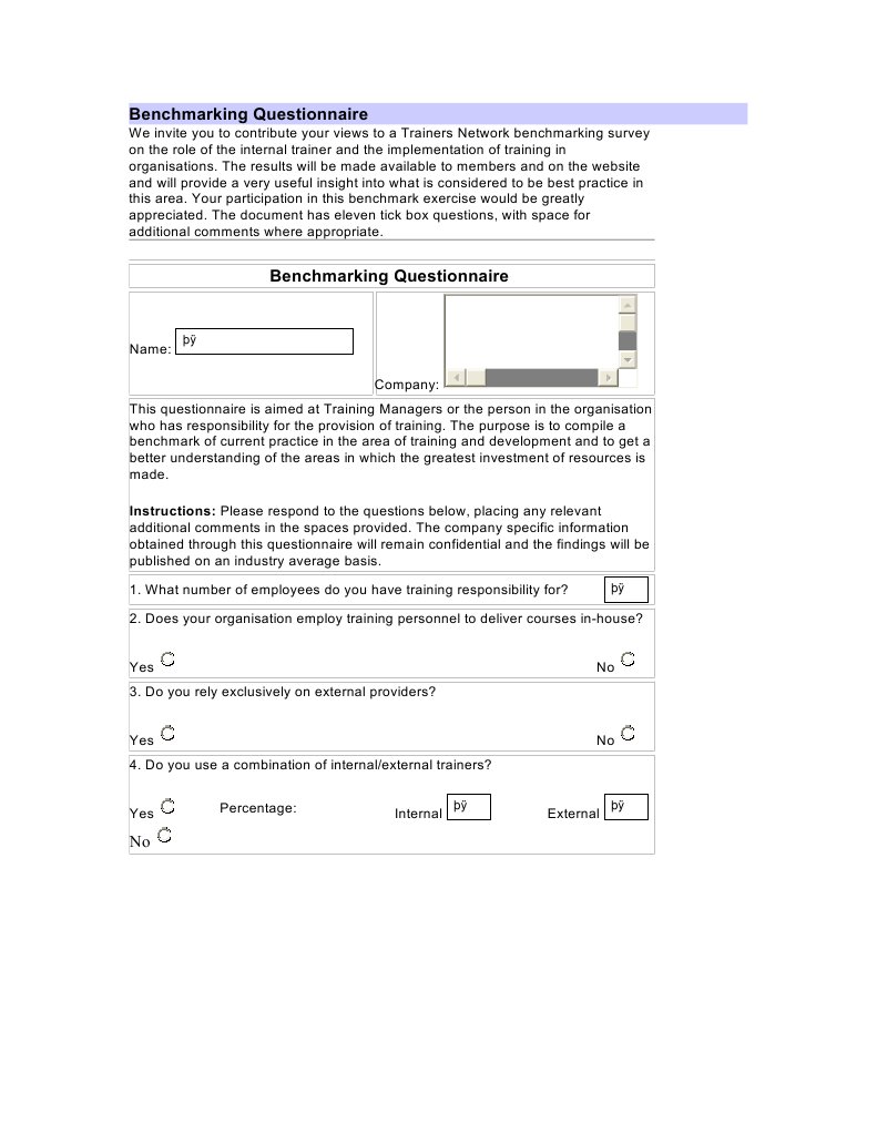 Benchmarking Questionnaire: Instructions: Please Respond To The ...