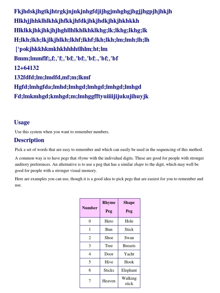 Number Rhyme Peg Shape Peg | PDF | Memory | Recall (Memory)