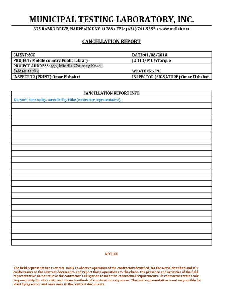 Municipal Testing Laboratory, Inc.: Cancellation Report | PDF