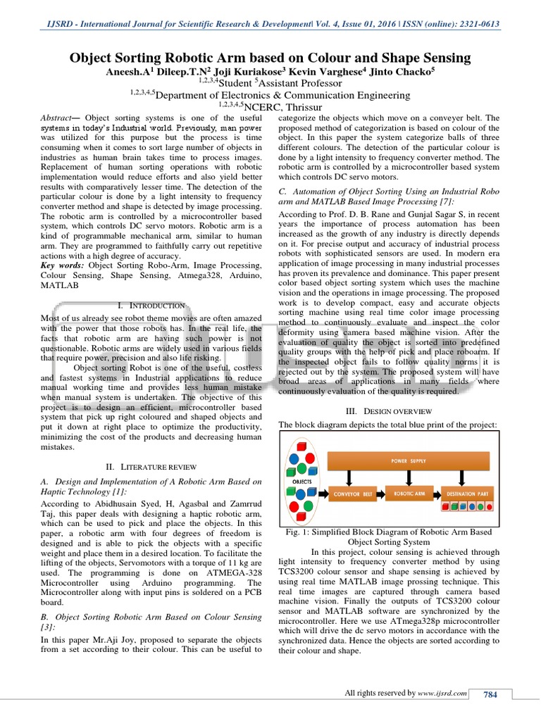 Object Sorting Robotic Arm Based On Colour and Shape Sensing | PDF | Matlab | Servomechanism
