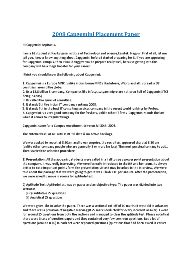 2008 Capgemini Placement Paper | PDF