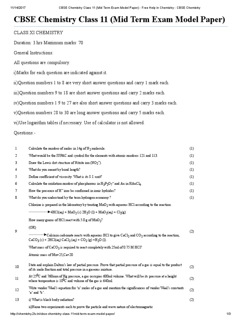 CBSE Chemistry Class 11 (Mid Term Exam Model Paper) | PDF | Gases ...