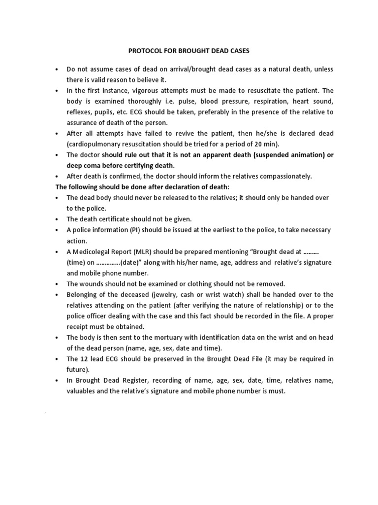 Protocol for the Management of Brought Dead Cases: Ensuring Proper ...