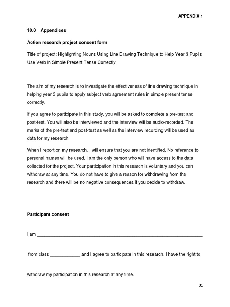 10.0 Appendices Action Research Project Consent Form: Appendix 1 | PDF