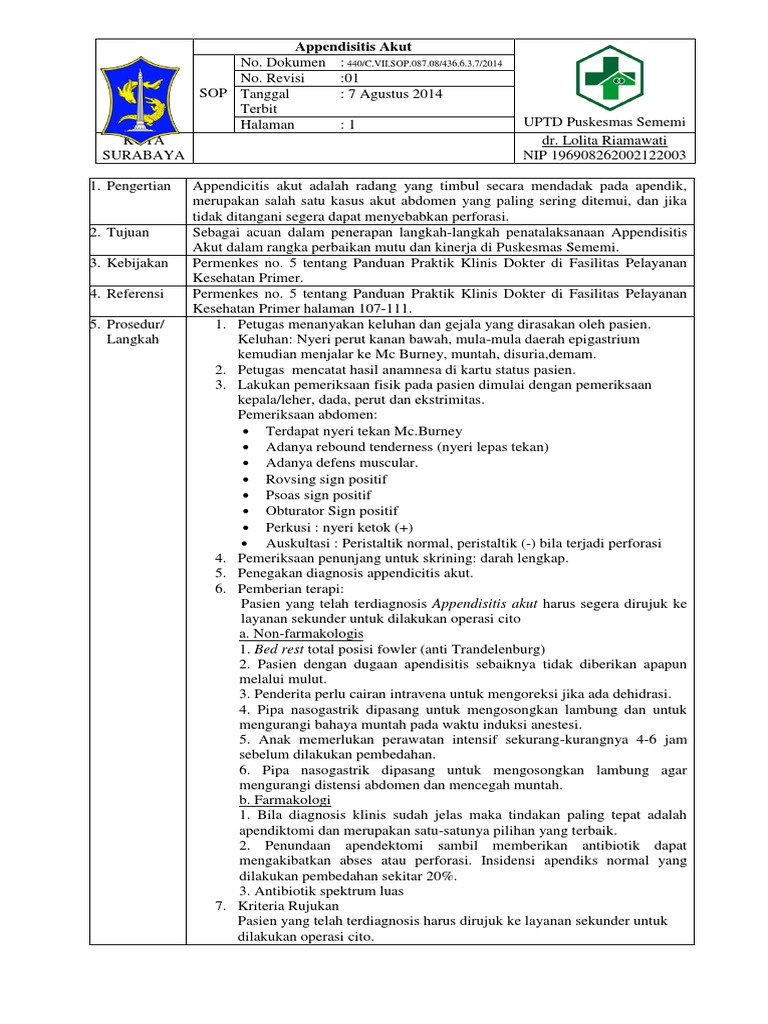 SOP Appendicitis Akut PKM Sememi Ok PDF | PDF