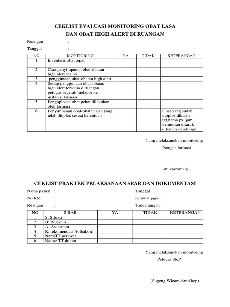 Cek Lis Evaluasi Monitoring Obat Lasa Dan Obat High Alert Di Ruangan ...