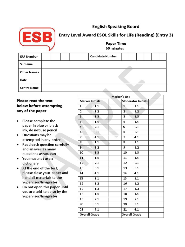 English Speaking Board Entry Level Award ESOL Skills For Life (Reading ...