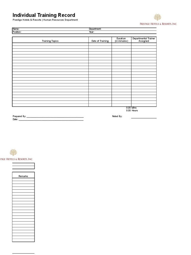 Individual Training Record: Prestige Hotels & Resorts - Human Resources ...