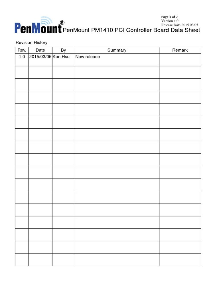 PenMount PM1410 PCI Controller Data Sheet | PDF | Device Driver | Usb