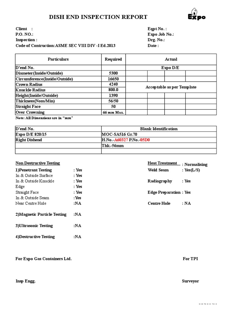 Dish End Inspection Report: 66 MM Max | PDF