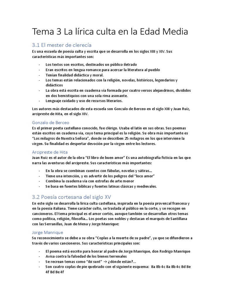 La lírica culta medieval: el mester de clerecía y la poesía cortesana ...