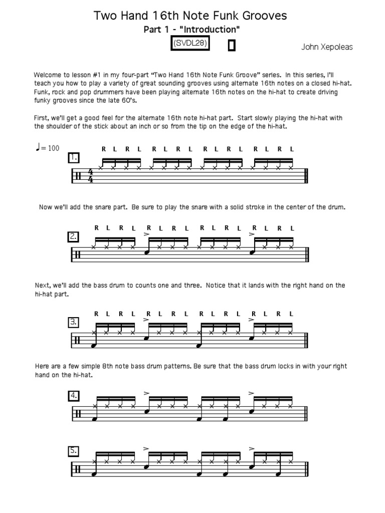 2 Hand 16th Note Funk Grooves | PDF | Funk | Music