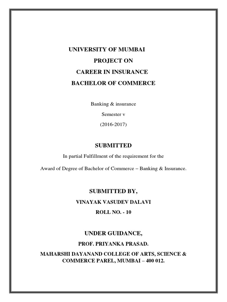 University of Mumbai Project On Career in Insurance Bachelor of ...