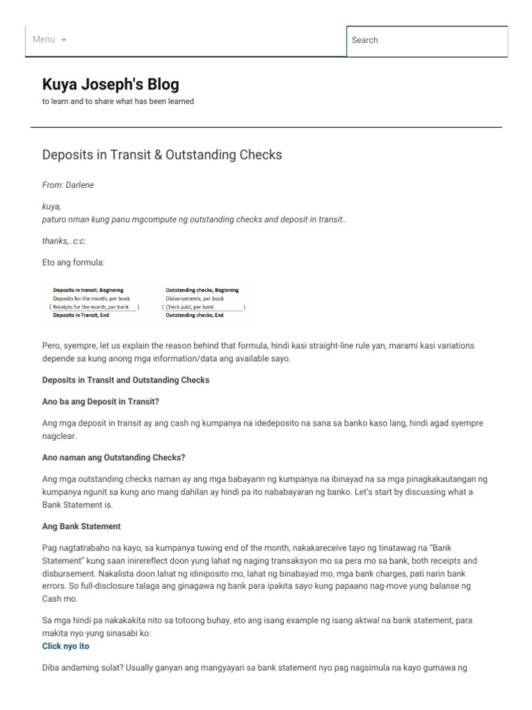 Deposits in Transit & Outstanding Checks - Kuya Joseph's Blog | PDF