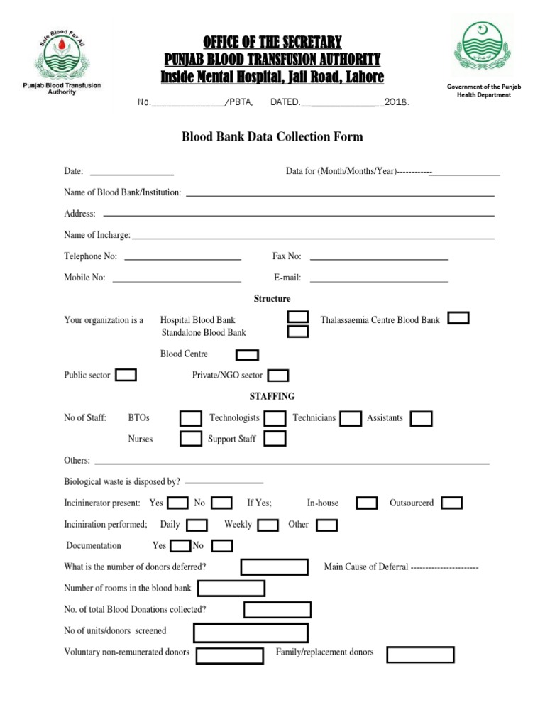Blood Bank Data Collection Form | Blood Donation | Blood Transfusion