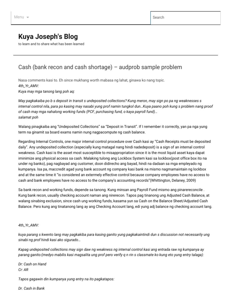 Cash (Bank Recon and Cash Shortage) - Audprob Sample Problem - Kuya ...