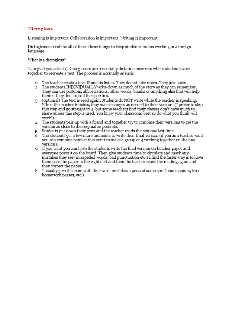 Guide To Dictogloss | PDF | Learning | Cognitive Science