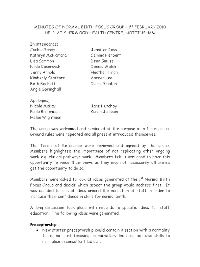 Promoting Normal Birth: Minutes from the Normal Birth Focus Group ...