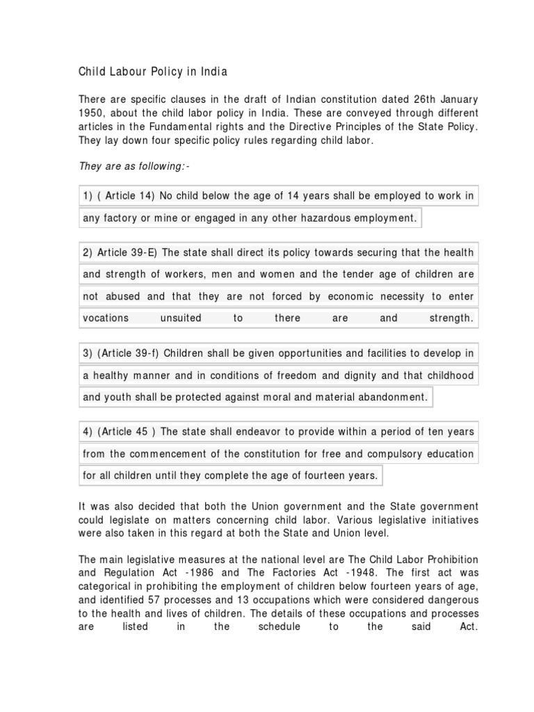 Child Labour Policy in India: They Are As Following | PDF | Child ...