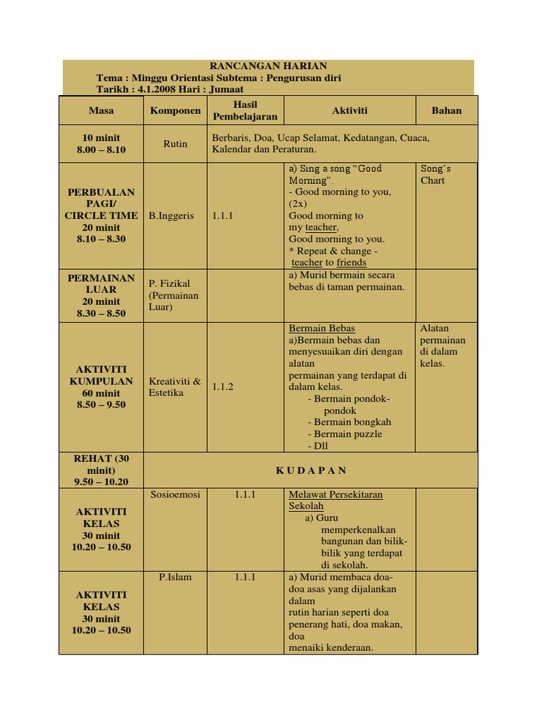 Rancangan Pengajaran Harian Prasekolah | PDF