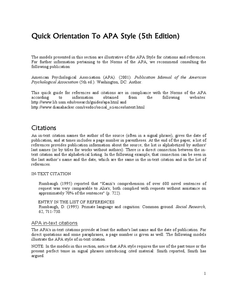 Quick Orientation To APA Style (5th Edition) : Citations | PDF ...