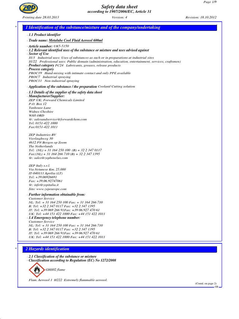 Ficha Seguridad - Metalube Zep Coolfluid | PDF | Dangerous Goods ...