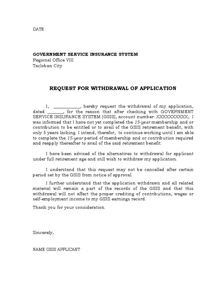 GSIS Application Withdrawal Request Letter | PDF | Government | Economies