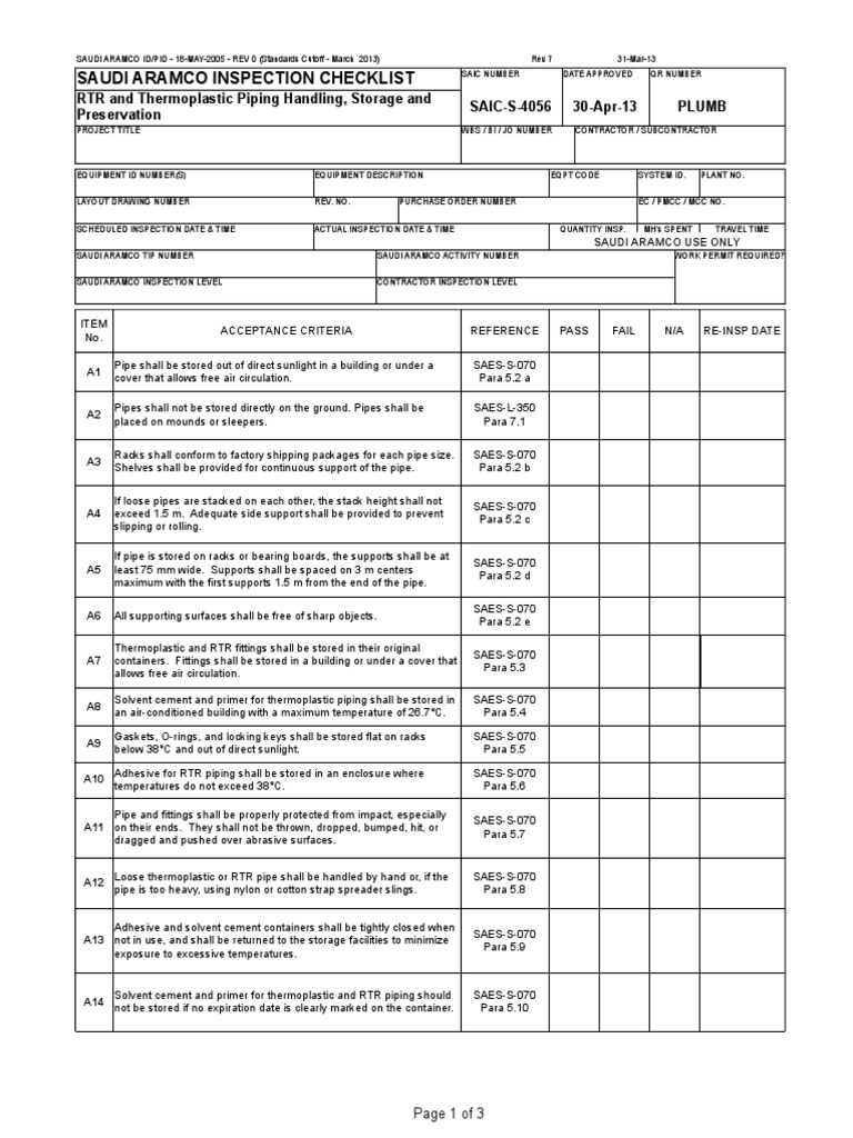 Saudi Aramco piping inspection checklist | PDF | Pipe (Fluid Conveyance ...
