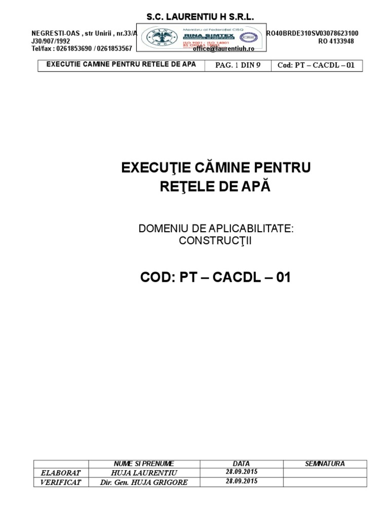01 Executie Camine Pentru Retele de Apa, Canalizare, Drenaj, Levigat | PDF