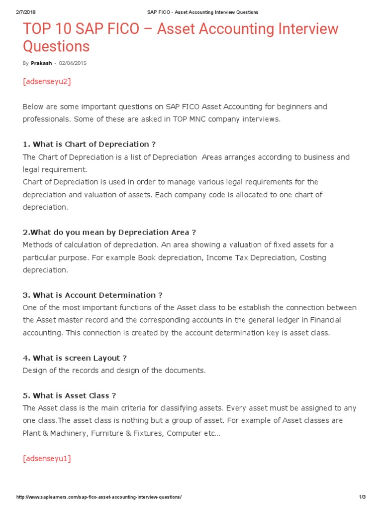 SAP Asset Accounting Interview Questions | PDF | Depreciation | Accounting