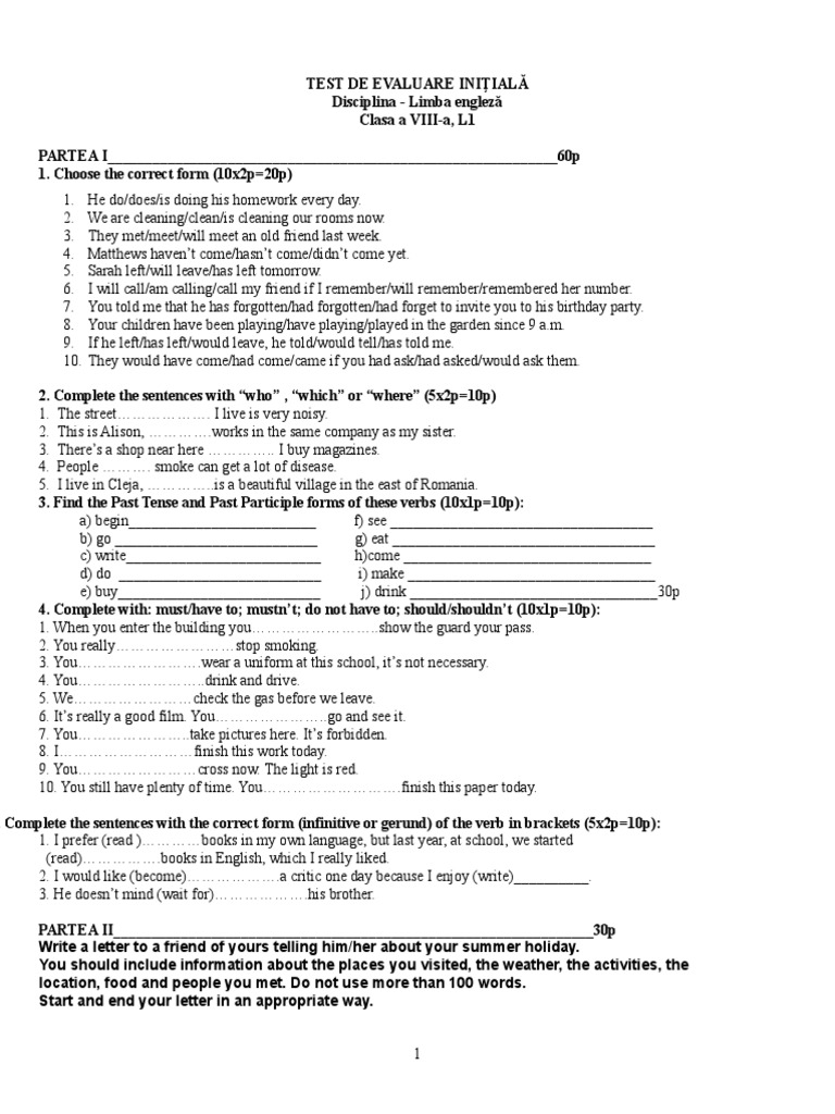 Test Initial Engleza A Viiia Cu Matrice Si Barem | PDF | Verb ... Test Initial Engleza A Viiia Cu Matrice Si Barem | PDF | Verb ...