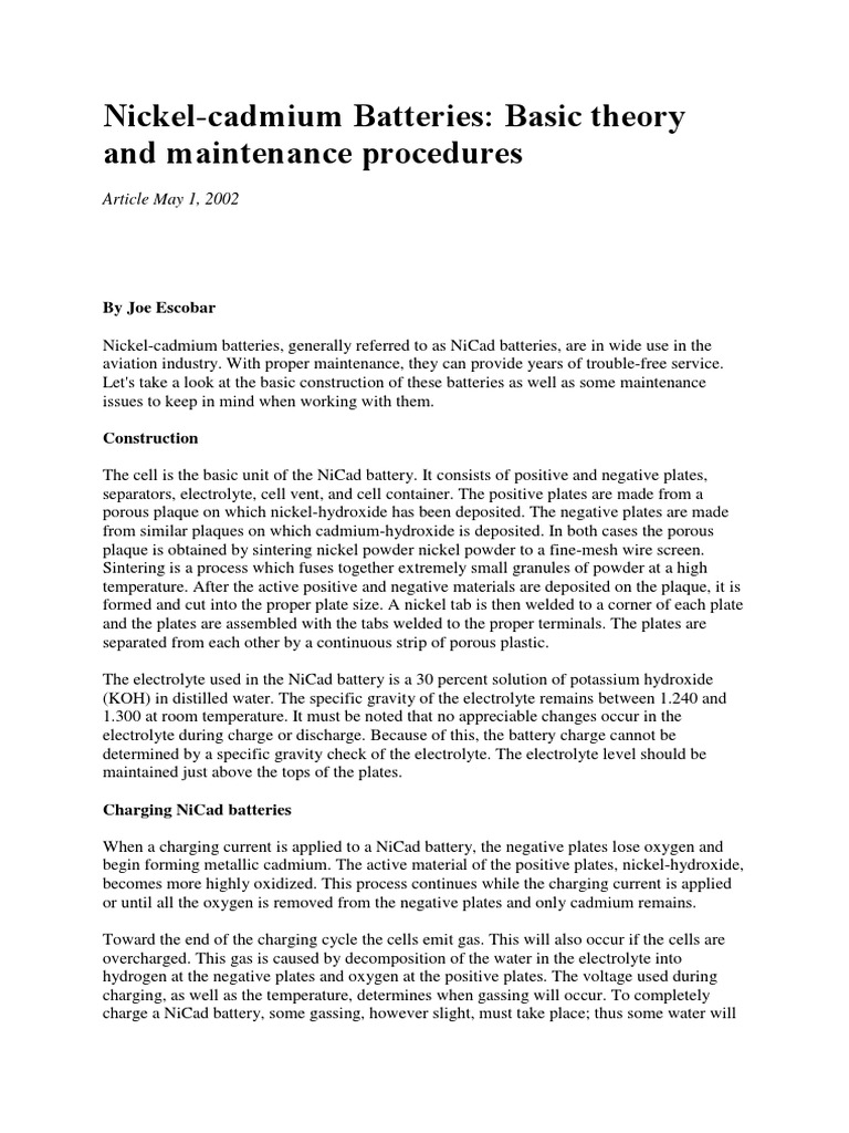 Nickel-Cadmium Batteries: Basic Theory and Maintenance Procedures | PDF ...